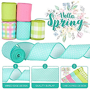 AnyDesign Spring Wired Edge Ribbon 30 Yards Pastel Pink Green Blue Craft Fabric Ribbon Decorative Plaids Dots Patterned Ribbon for Spring Easter Wreath Bow Making DIY Crafts Wrapping Supplies, 5 Roll