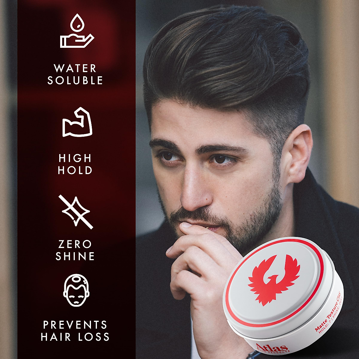 Atlas Matte Texture Clay 2.4 Ounce is a No Shine, Ultra Lightweight, Medium to Firm Hold, Thickening, Texturizing, Separating, Hair Styling and Grooming Product for Men and Women