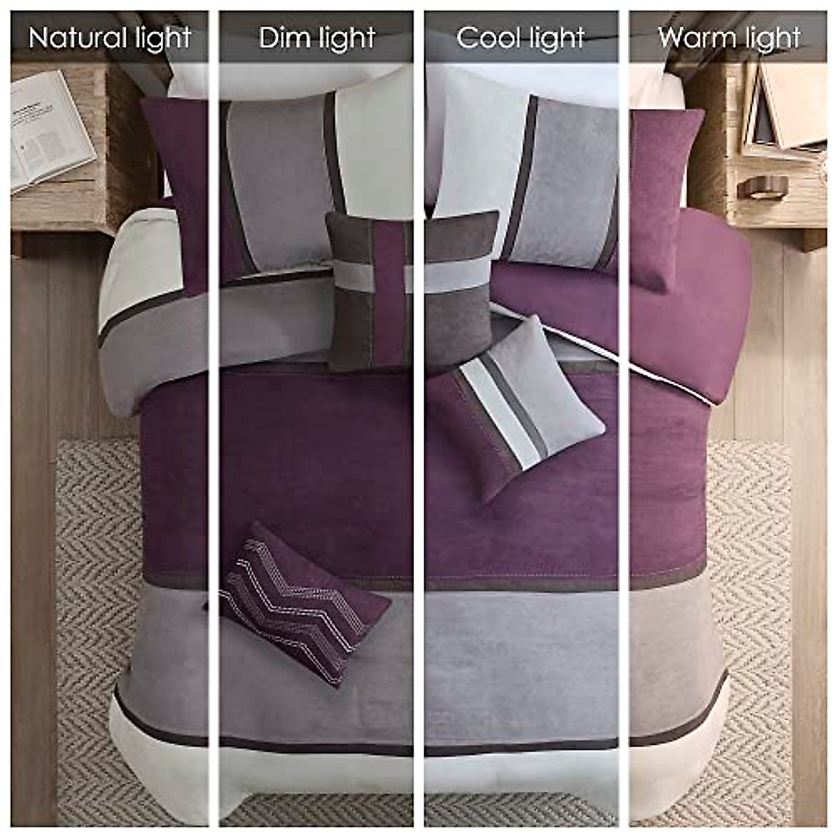 Madison Park Palisades Comforter Set Modern Faux Suede Pieced Stripe Design, All Season Down Alternative Cozy Bedding with Matching Shams, Decorative Pillows, Queen(90"x90"), Purple 7 Piece