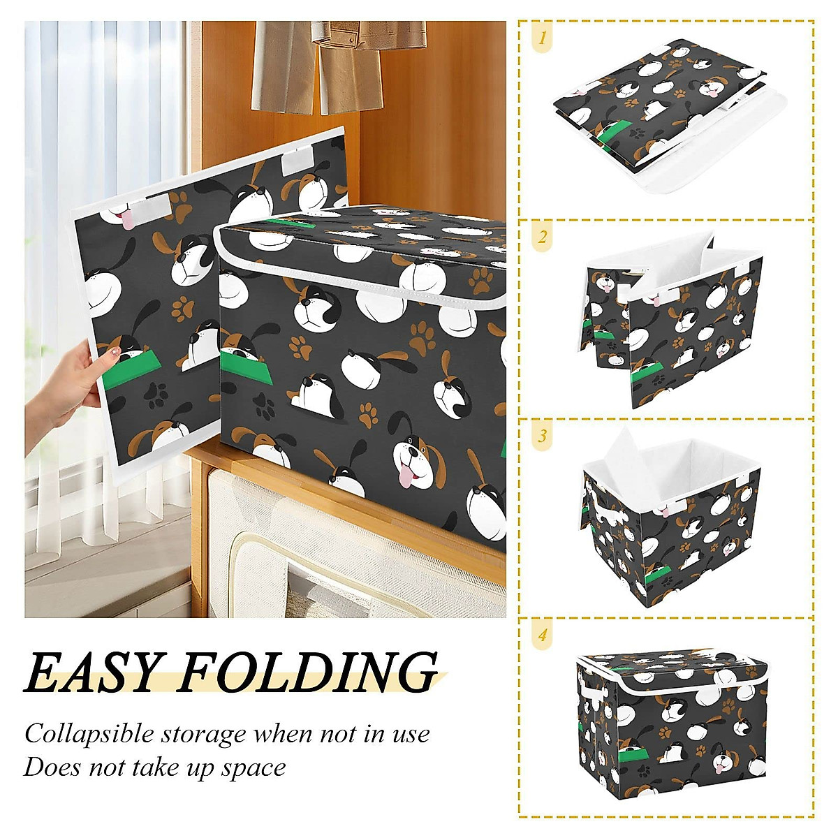 DOMIKING Funny Dog Paw Large Storage Bin with Lid Collapsible Shelf Baskets Box with Handles Toys Organizer for Nursery Drawer Shelves Cabinet