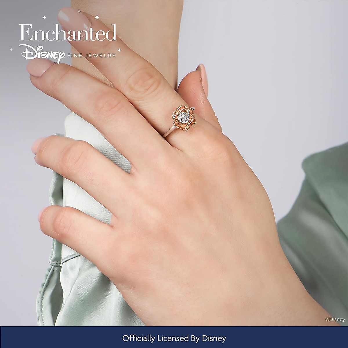 Jewelili Enchanted Disney Fine Jewelry 14K White and Rose Gold 1/10 Cttw Diamond Belle Fashion Ring Size 6