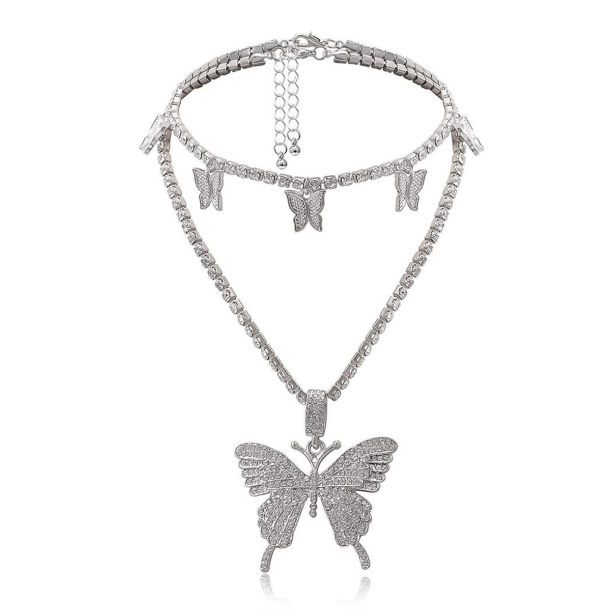 Zoestar Butterfly Choker Necklace Gorgeous 2 Layered Crystal Pendant Necklaces Sparkly Butterfly Chain Jewelry for Women