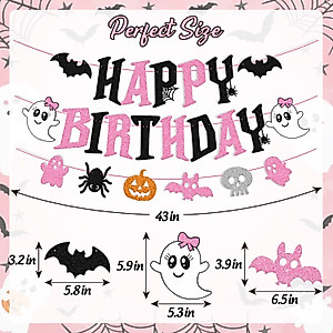 Halloween Happy Birthday Banner Hallows Bday Decoration Ghost Spider Bat Spooky Boo Horror Theme Halloween Eve Party Event Celebration Anniversary Decor for Girls Women Lady Glitter Black Pink