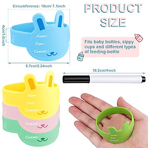 12 Pcs Baby Bottle Labels for Daycare, Silicone Daycare Bottle Labels Day Care Essentials Reusable Waterproof Water Bottle Name Bands in Shape Design with Marker Pens, 6 Colors (Rabbit Style)
