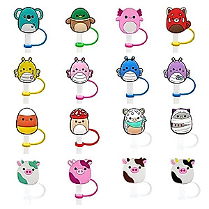 16Pcs Animal Straw Tips Cover Cap Reusable Silicone Straw Toppers Drinking Straw Tips Lids for 6-8 mm Cute Straws Plugs (Straw Not Included)