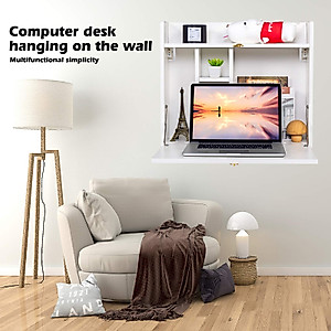 KZHOME Multifunctional Folding Wall-Mounted Laptop Desk Writing Table with Storage Shelves, for Home Office, White