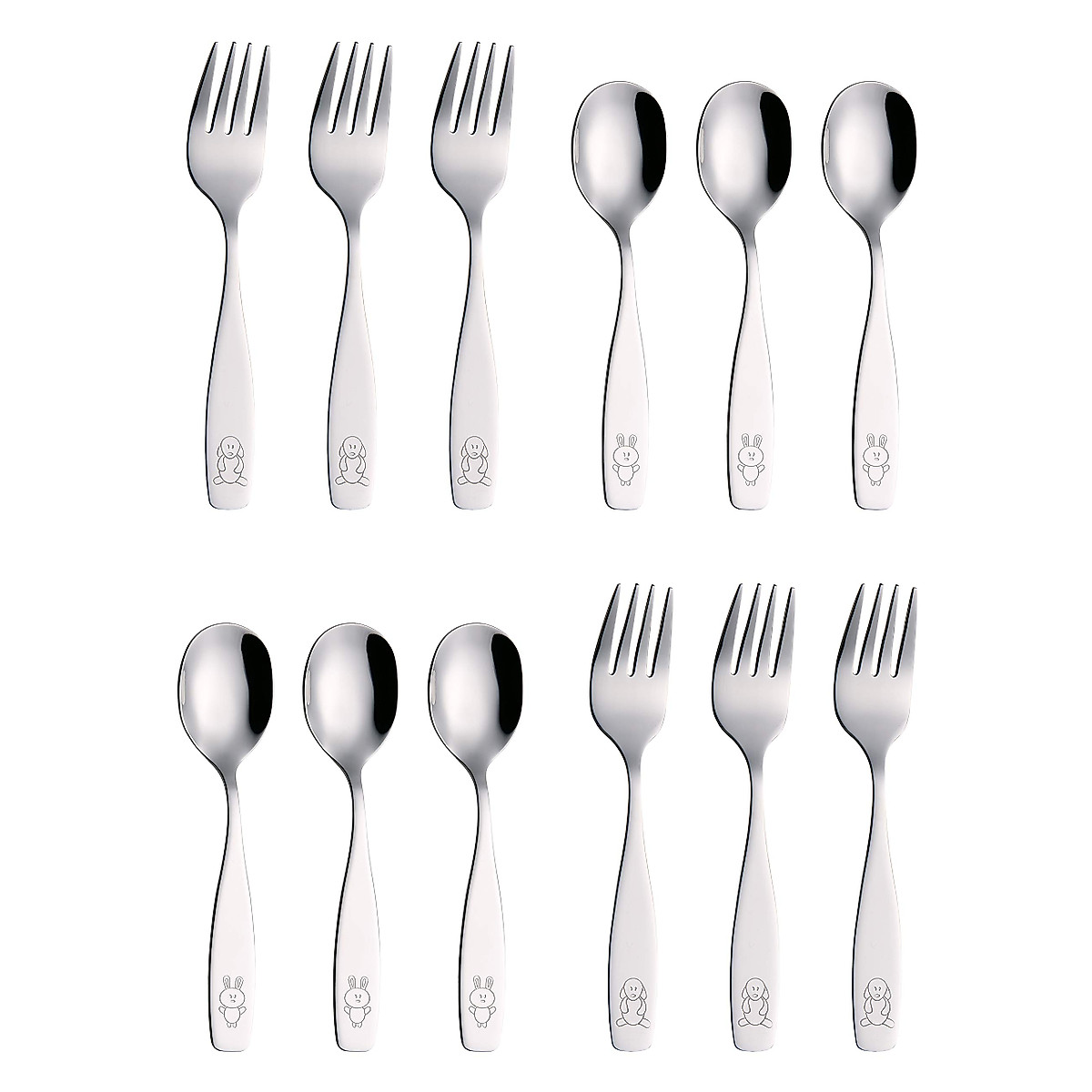 ANNOVA Kids Silverware 12 Pieces Children's Safe Flatware Set Stainless Steel - 6 x Safe Forks, 6 x Children Dinner Spoons, Toddler Utensils, Metal Cutlery Set for LunchBox (Engraved Dog Bunny) (12FS)