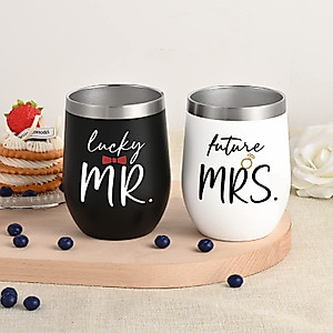 Lifecapido Couples Gifts - Lucky Mr Future Mrs Wine Tumblers Set of 2, Wedding Gifts Engagement Gifts Bridal Shower Gifts for Couples, Fiancee Fiance, Bride Groom, Mr Mrs, Black and White