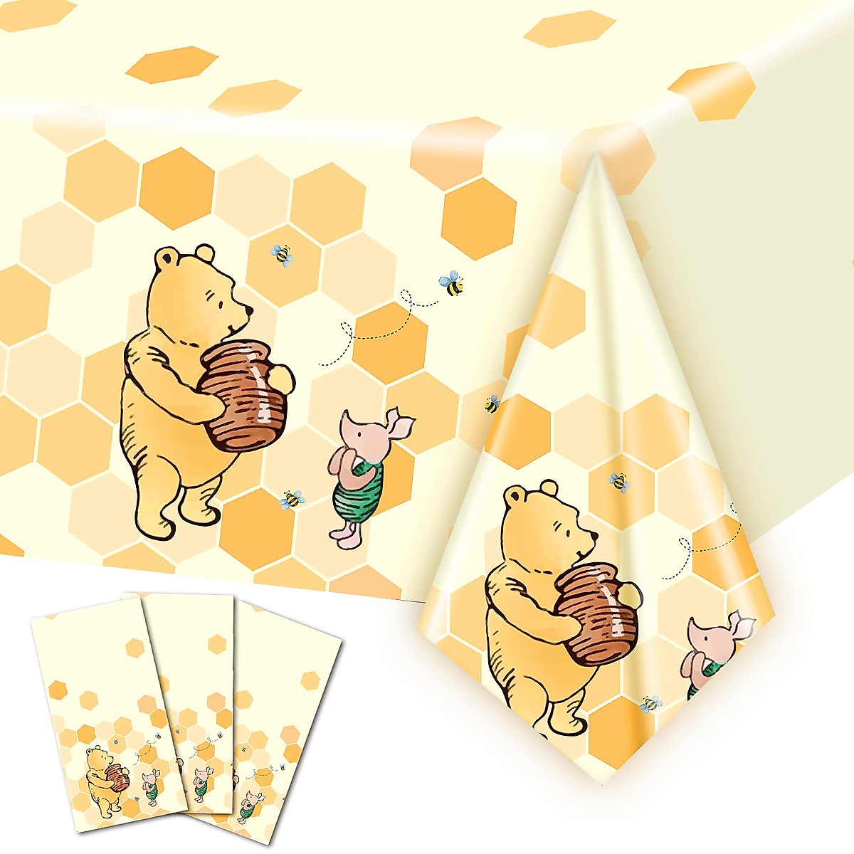 AURORAPARTY 3pcs Winnie Party Tablecloth Bear Baby Shower or Birthday Party Table Cover Honey Plastic Rectangle Birthday Party Decoration, 54 x 108 Inches