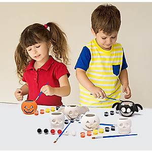 Gift Boutique Ceramic Pumpkins Skull Bat Figurines Paint Craft Kit Set of 6 Unpainted Ceramics Pumpkin Ready to Paint for Kids Classroom Fall Halloween Party Decor