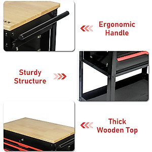 3-Drawer Rolling Tool Chest Cabinet, 38-Inch Tool Box, Multifunction Tool Cart with Wheels and Wooden Top, Drawer Liner, Mobile Toolbox for Workshop Mechanics Garage (3 DRAWERS- BLACK AND RED)