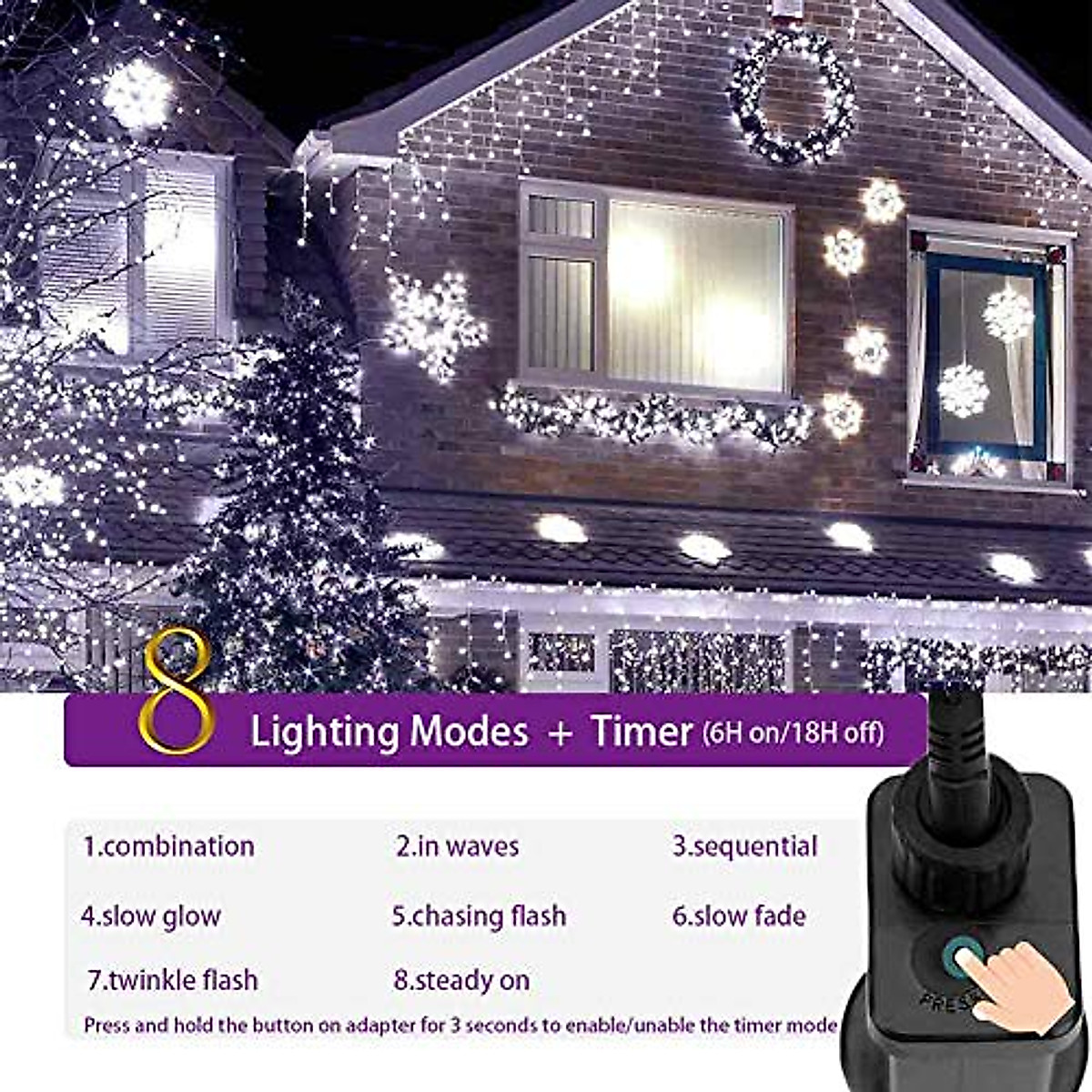 YASENN Icicle Lights 300 Led String Lights 29.5Ft Christmas Lights Connectable 8 Lighting Modes Multifunction with Timer Plug for Christmas Garden Patio Eave Roof Wall Decorations(Cool White)