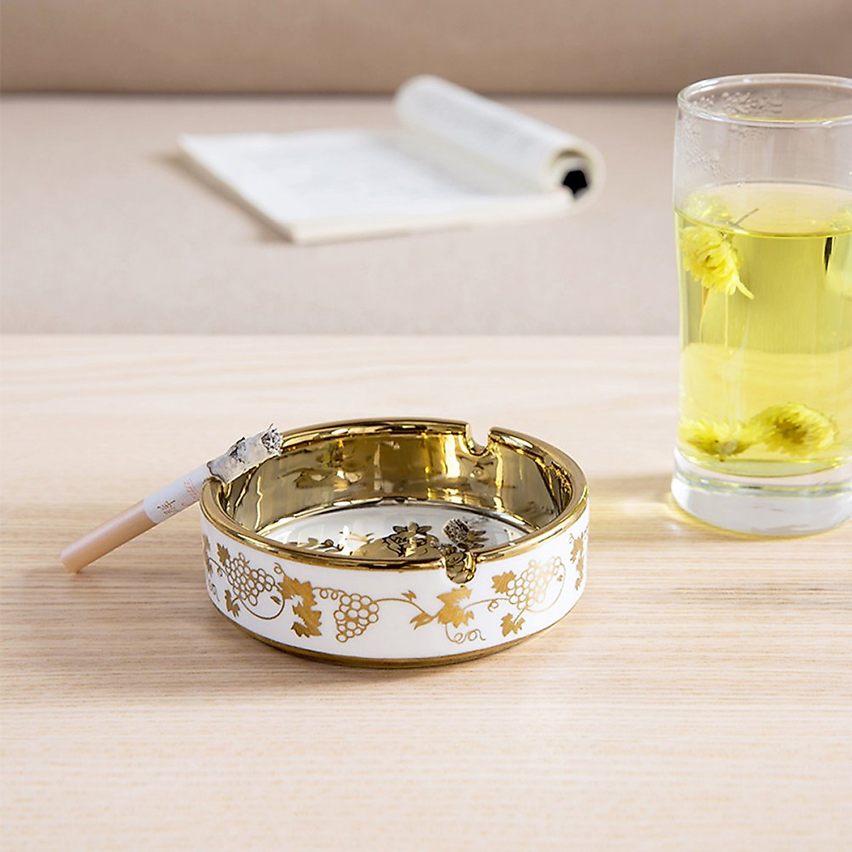 YOSCO 4'' Ceramic Titanium Plating Tabletop Ashtray,Cigarette Ashtray for Indoor or Outdoor Use, Desktop Smoking Ash Tray for Home Office Decoration (4''-1 PACK)