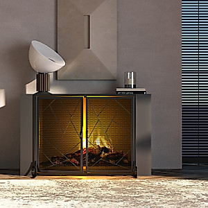 Fire Beauty Fireplace Screen with Hinged Doors Cast Iron Border Sturdy Steel Frame Durable Metal Mesh Decorative Spark Guard Black Finish(Middle)