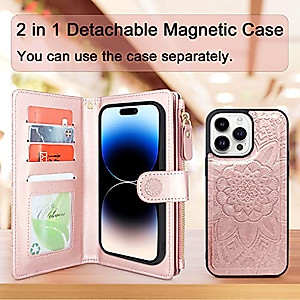 Harryshell Compatible with iPhone 14 Pro 6.1 inch 5G 2022 Wallet Case Detachable Magnetic Cover Zipper Cash Pocket Multi Card Slots Holder Wrist Strap Lanyard (Floral Rose Gold)