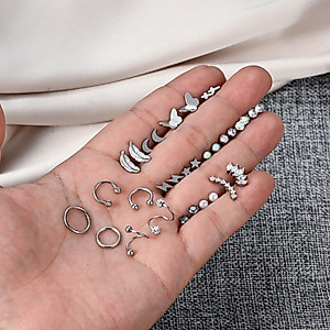 PLOMFOV 20G Stainless Steel Stud Earrings Set for Women Men CZ Leaf Heart Star Moon Butterfly Flat Back Earrings Cartilage Earrings Stud Hoops 16G Helix Tragus Earrings Piercing Jewelry Silver Tone