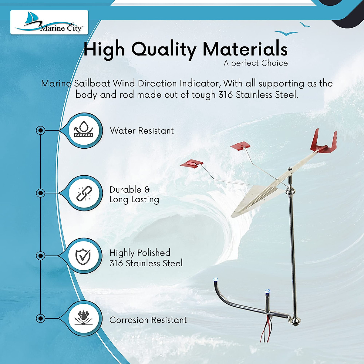 MARINE CITY 316 Grade Stainless Steel Marine Sailboat Masthead Wind Direction Indicator 14-1/2 Inches Stainless Steel LED Light for Marines – Boats – Yachts (Pack of 1)
