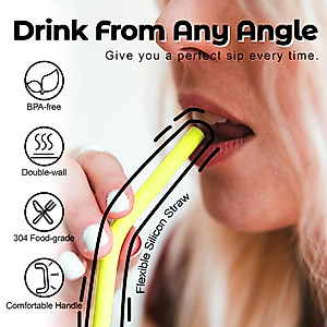 winiwo 40 oz Tumbler with Handle and Straw for Her, Flexible Straw, Insulated Tumbler Cups with Silicone Bottom, Keeps Beverages Cold Up to 24 Hours, Gym/Work/Travel/School/Gift（Lemon Yellow）