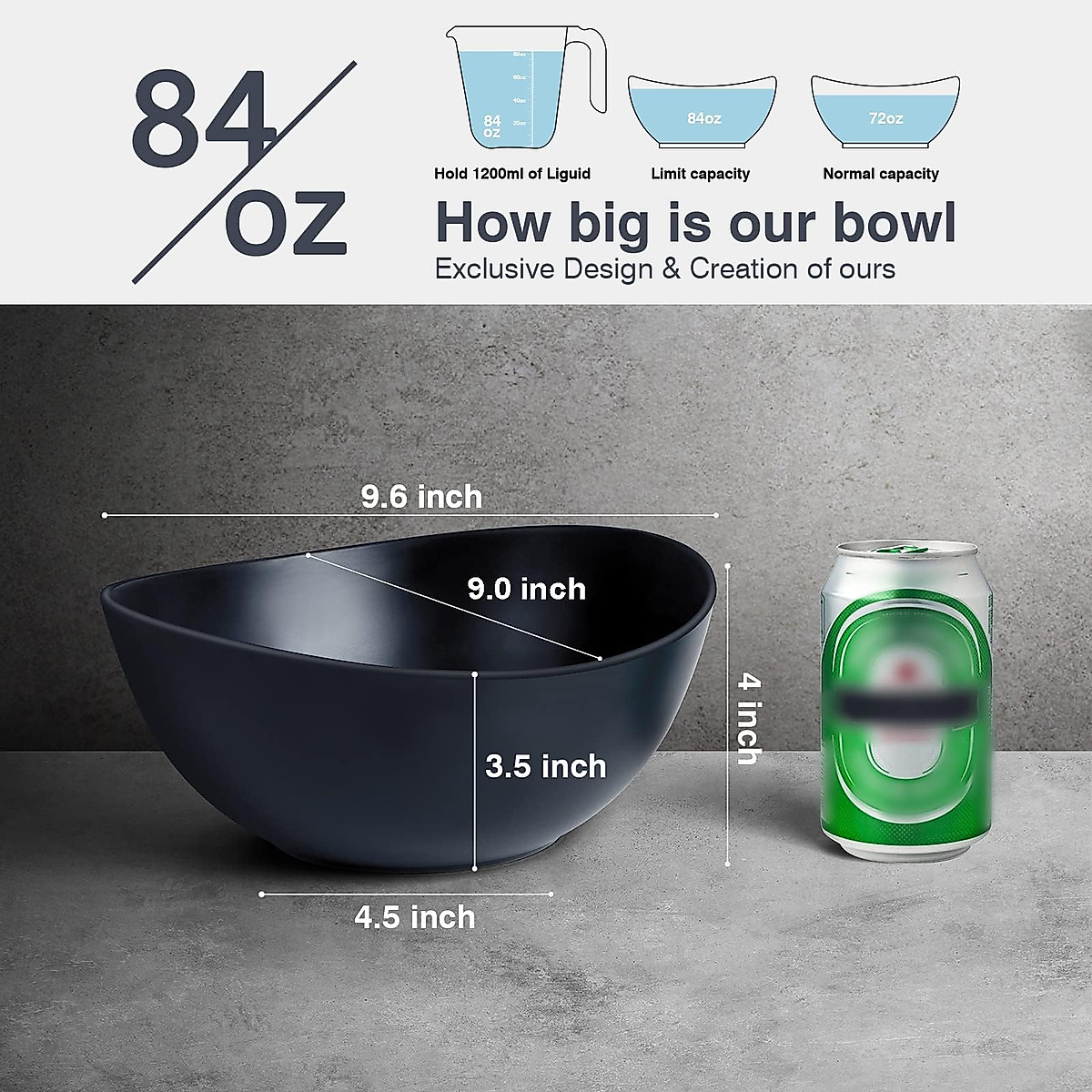 ECOHAGOU 9.6'' Serving Bowls, 84oz Bamboo Fiber Salad Bowls Set of 4, Large Bowls for Kitchen, Deep Oval Bowls for Salad, Vegetable, Fruit,Pasta,Ramen, Lightweight&Easy to Clean (Matte Black)