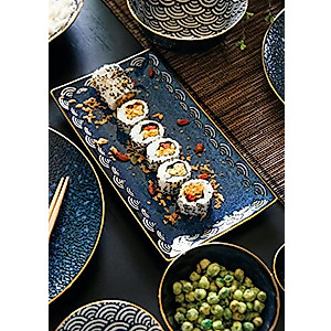 Mikasa Satori Japanese Serving Platter with Wave Pattern Border and Real Gold Rim, Porcelain, Indigo Blue/White, 15.5 x 28 cm