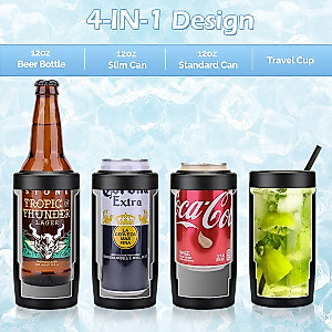 Morefeel 4-in-1 Skinny Can Cooler Double Wall Stainless Steel Insulated Can Holder, Works With 12 Oz Slim Can,Standard Cans,Beer Bottles & As Pint Cups(Black)