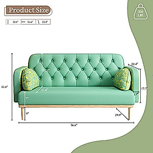 LEVNARY 56-inch Loveseat Small Couch, Modern Technology Cloth Sofa with Upholstered Back, Accent Comfy Tufted Couch with Throw Pillows and Solid Wood Legs for Compact Space Apartment (Green)