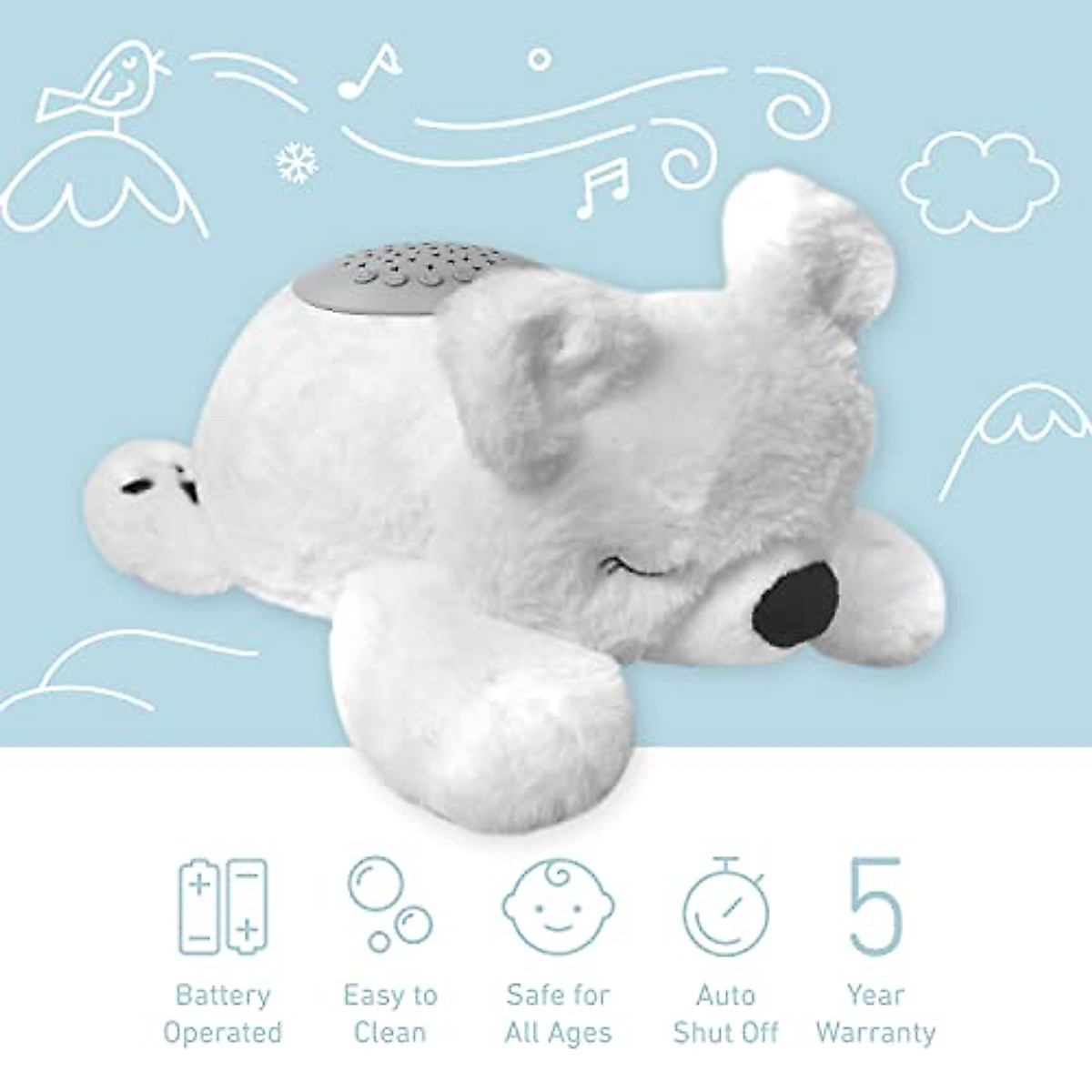 Pure Enrichment® PureBaby® Sound Sleeper Portable Sound Machine & Star Projector - Plush Sleep Aid with Night Light, 10 Lullabies, White Noise, Heartbeat, Birds & More for Baby & Toddlers (Polar Bear)