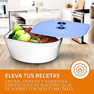 Bruntmor 3 Quart Cast Iron Enameled Dutch Oven - Modern Squoval Design - Nonstick Seasoned Pot with Stainless Steel Knob - Ideal for Dinner - White with Blue Lid