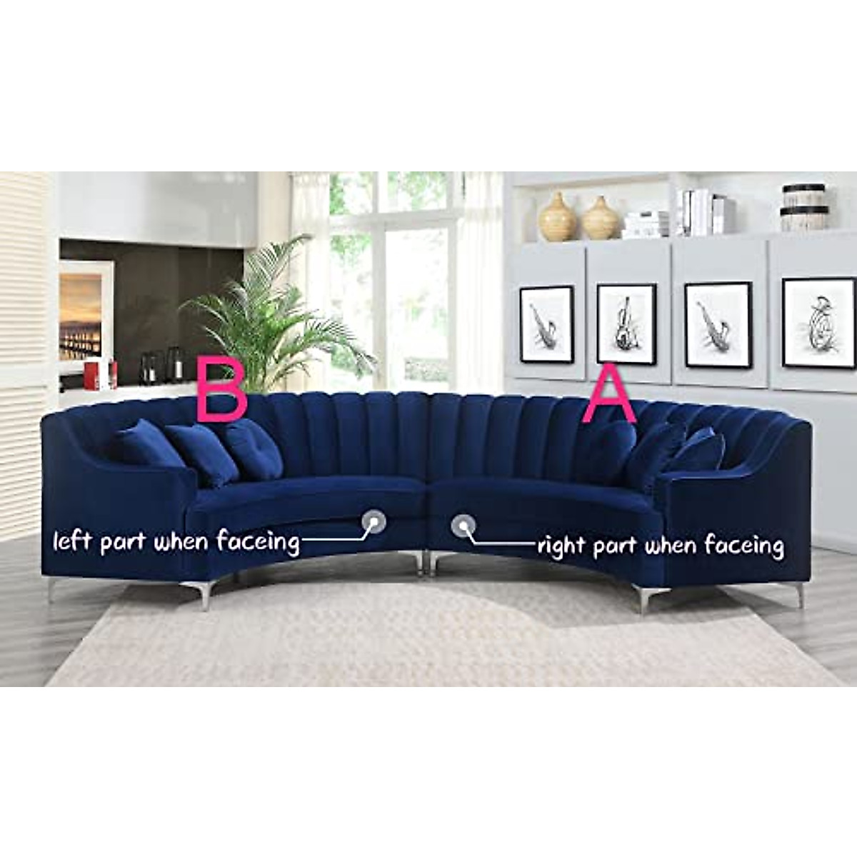 Legend Vansen Velvet Sofa for Living Room Oversized Round Shape Sectional, 142" L x 31" D x 36" H, Blue