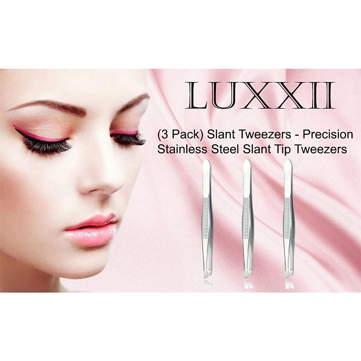 LUXXII (3 Pack) Slant Tweezers - Precision Stainless Steel Slant Tip Tweezers Hair Plucker for Hair and Eyebrows Personal Care (Silver Tone)