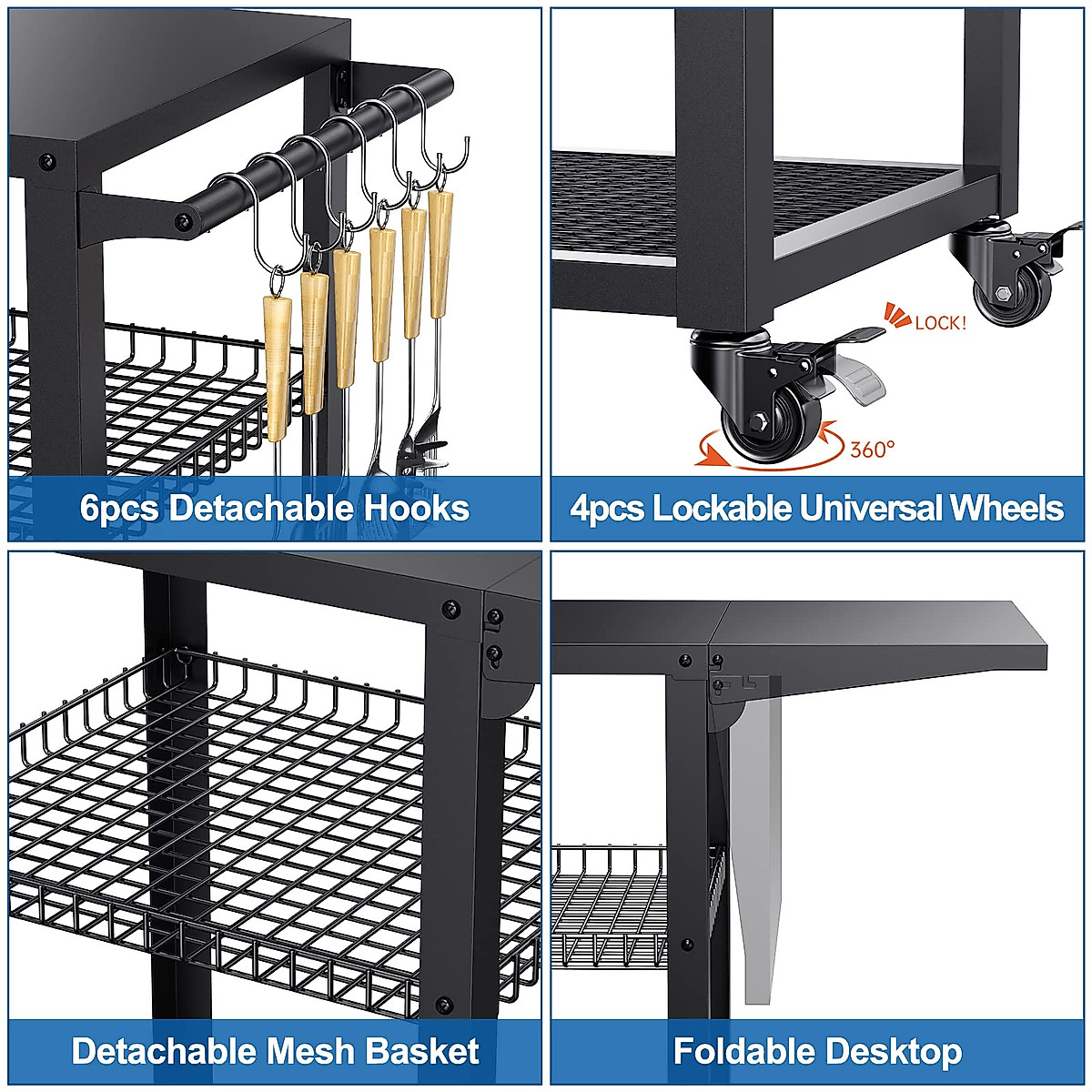 inkmin Outdoor Dining Table Three-Shelf Trolley Movable BBQ Cart Stainles Commercial Multifunctional Kitchen Food Prep Worktable Patio Bar Table
