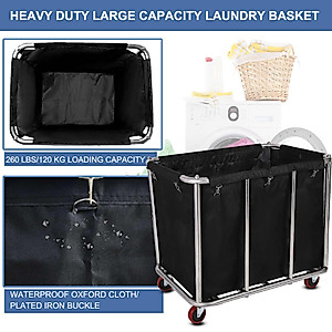 Large Laundry Cart with Wheels,Commercial Stainless Steel Heavy Duty Service Cart Laundry Hamper for Hotel/Home/School/Resort