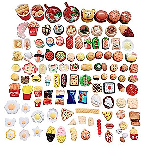 Anrher 100pcs Miniature Foods Hamburg French Fries Sushi Decoration Mixed Resin Sets for Adults Kids Doll House Pretend Kitchen Play Cooking Game Toys DIY Birthday Party Present¡­