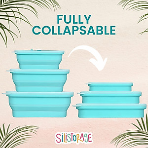 SiliStorage Set of Three Rectangular Collapsible Food Storage Containers with Airtight Flexible Lids - BPA Free, Compact, Oven, Microwave and Freezer Safe (Square Set)