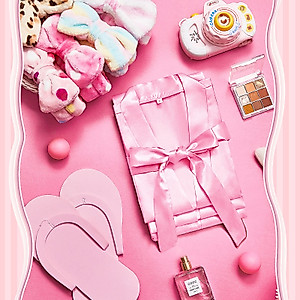 Jecery 18 Pcs Spa Party Supplies for Girls 6 Satin Kimono Robe 6 Spa Headband 6 Disposable Foam Pedicure Slippers (Pink,Size 10)