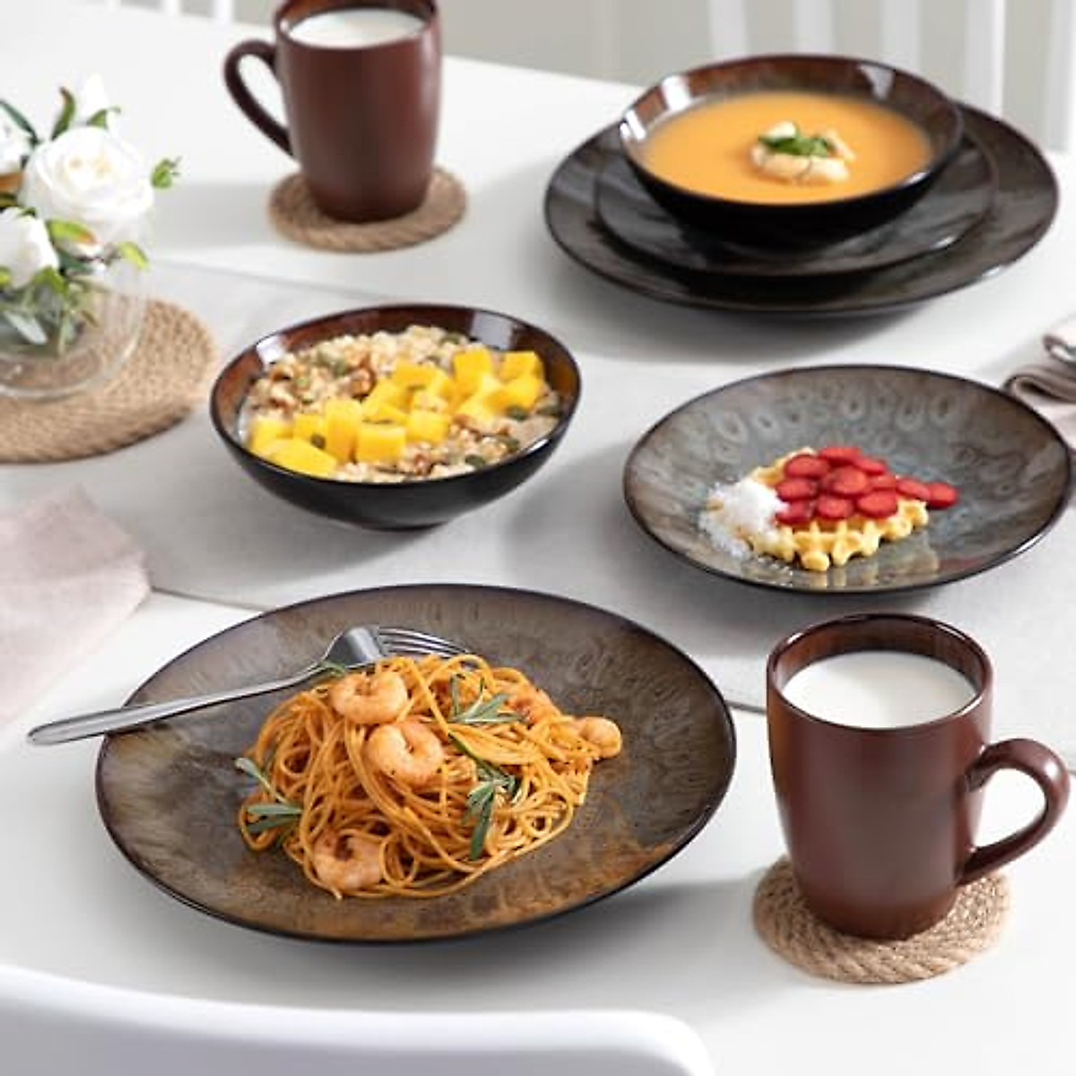 vancasso Bubble Dinnerware Sets 16-Piece - Plates and Bowls Set for 4 Dish Service Tableware Set, Microwave and Dishwasher Safe, Brown