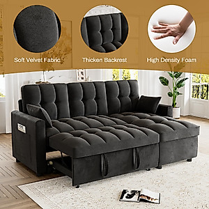 Wrofly 2 in 1 Convertible L-Shaped Sectional Sofa with Pullout Bed, 70.8" Velvet Sleeper Sofa with Reversible Storage Chaise, Modern Pull Out Couch for Living Room Bedroom Small Space, Black