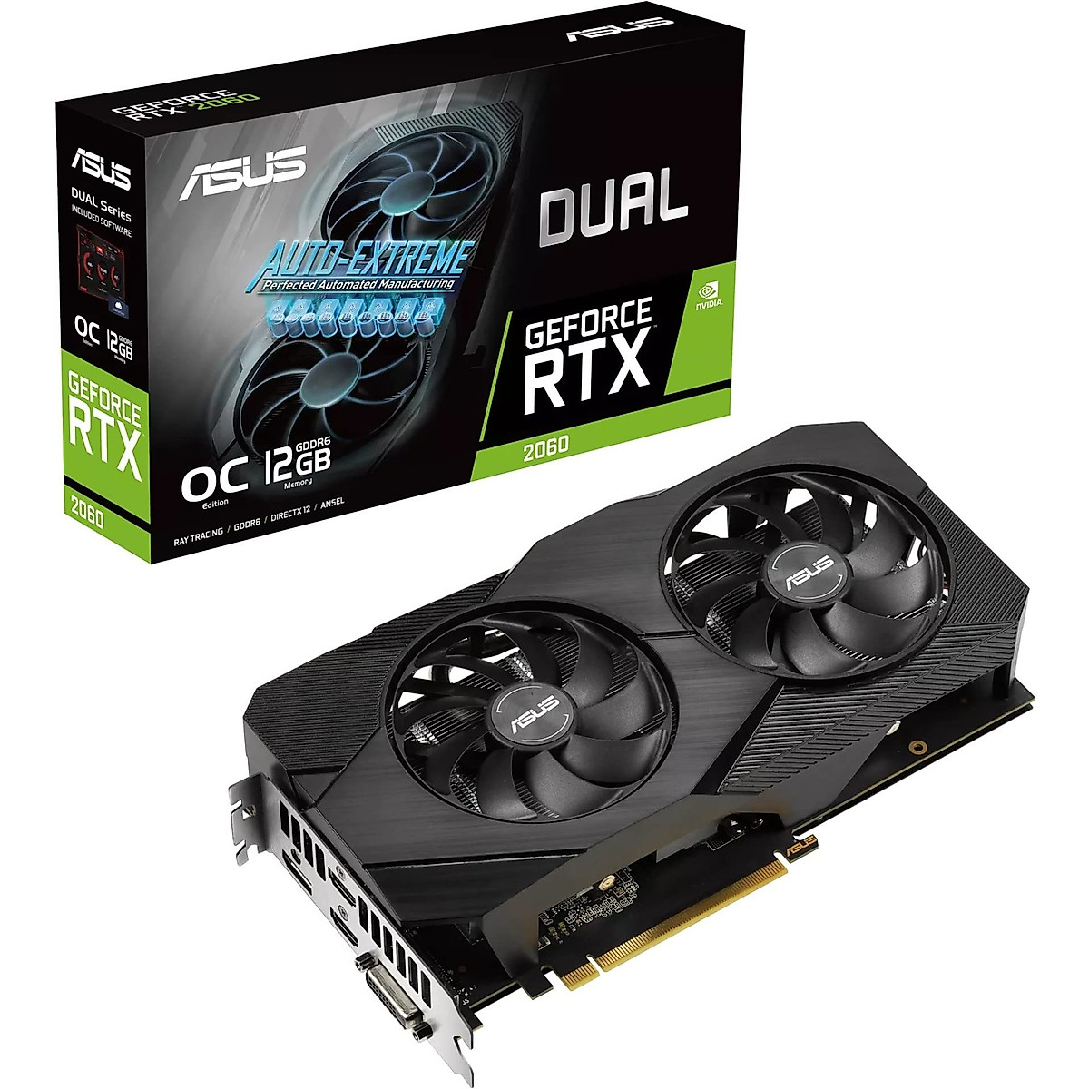 ASUS Dual GeForce RTX 2060 EVO OC Edition Graphics Card (PCIe 3.0, 12GB GDDR6 Memory, HDMI, DisplayPort, DVI-D, Axial-tech Fan, 0dB Technology, Auto-Extreme)