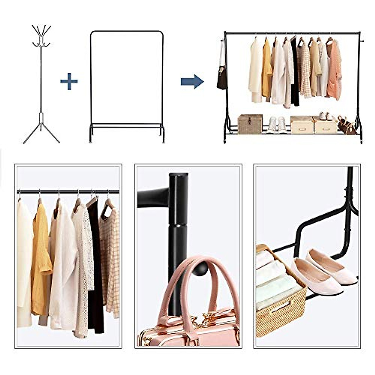 Cocoarm Clothes Garment Rack with Wheels, Heavy Duty Metal Rolling Clothes Rack with Hooks and Bottom Shelves for Bags Boxes Shoes, Freestanding Hanging Garment Rack for Bedroom, 70.9x 19.7x57.5in