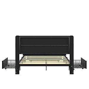 Upholstered Queen Size Platform Bed Frame with 3 Storage Drawers and Headboard, PU Leather Queen Storage Bed with USB Charging Station and Wooden Slats Support, Noise Free, Black
