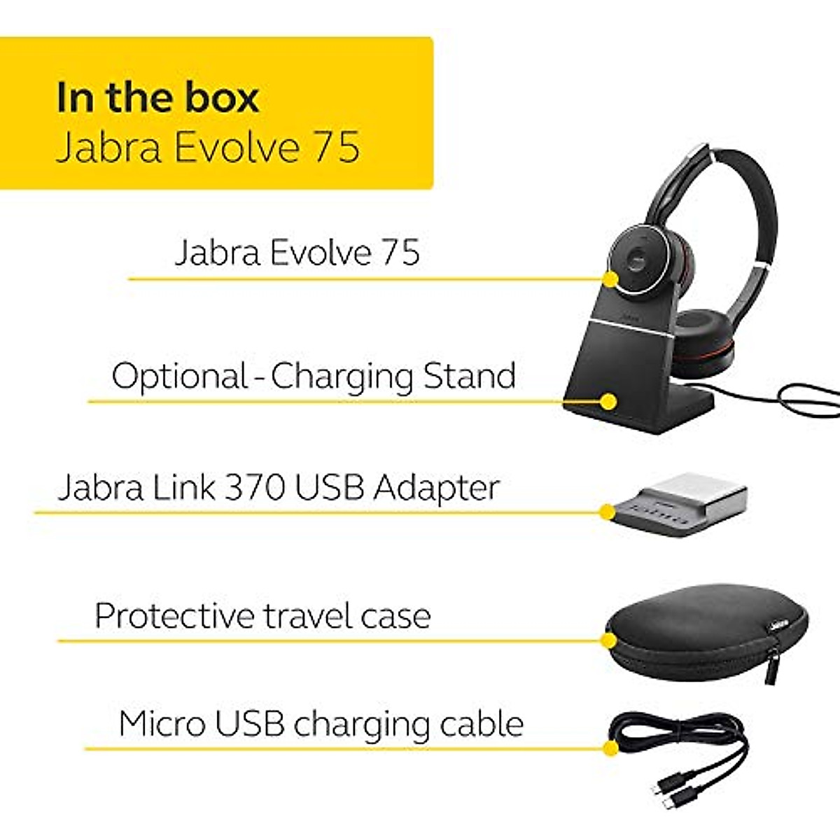 Jabra Evolve 75 MS Wireless Headset, Stereo – Includes Link 370 USB Adapter – Bluetooth Headset with World-Class Speakers, Active Noise-Cancelling Microphone, All Day Battery