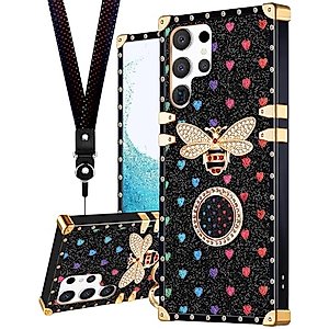 Loheckle for Samsung Galaxy S23 Ultra Case for Women, Designer Square Cases for Galaxy S23 Ultra Case with Ring Stand Holder and Lanyard, Stylish Bees Luxury Cover for Samsung S23 Ultra