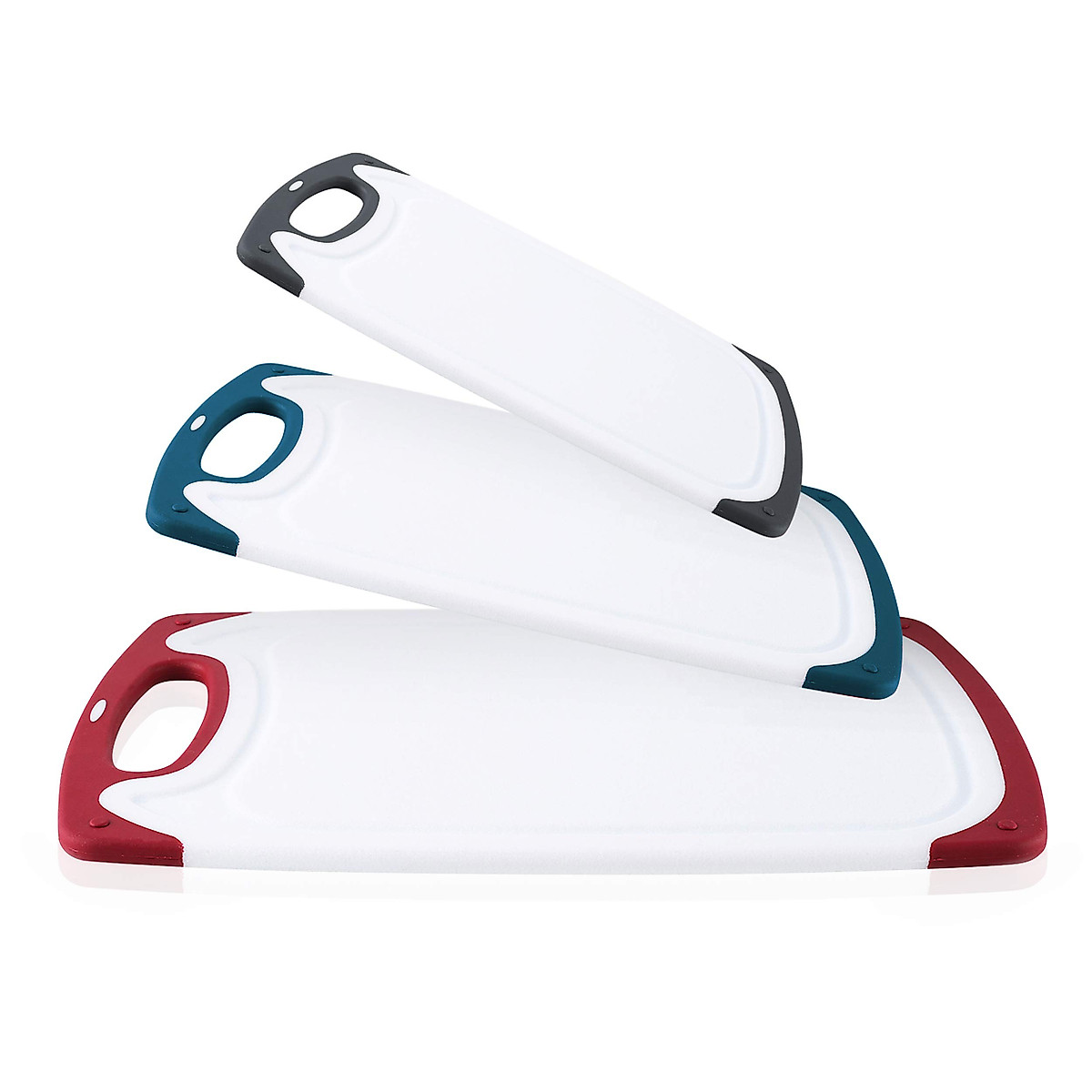 CHEF GRIDS Durable Plastic Cutting Board Set, Chopping Board Thick Plastic, for Vegetable Meat or Cheese with Non-Slip Feet and Handles with Juice Groove (Red, Blue, Grey)