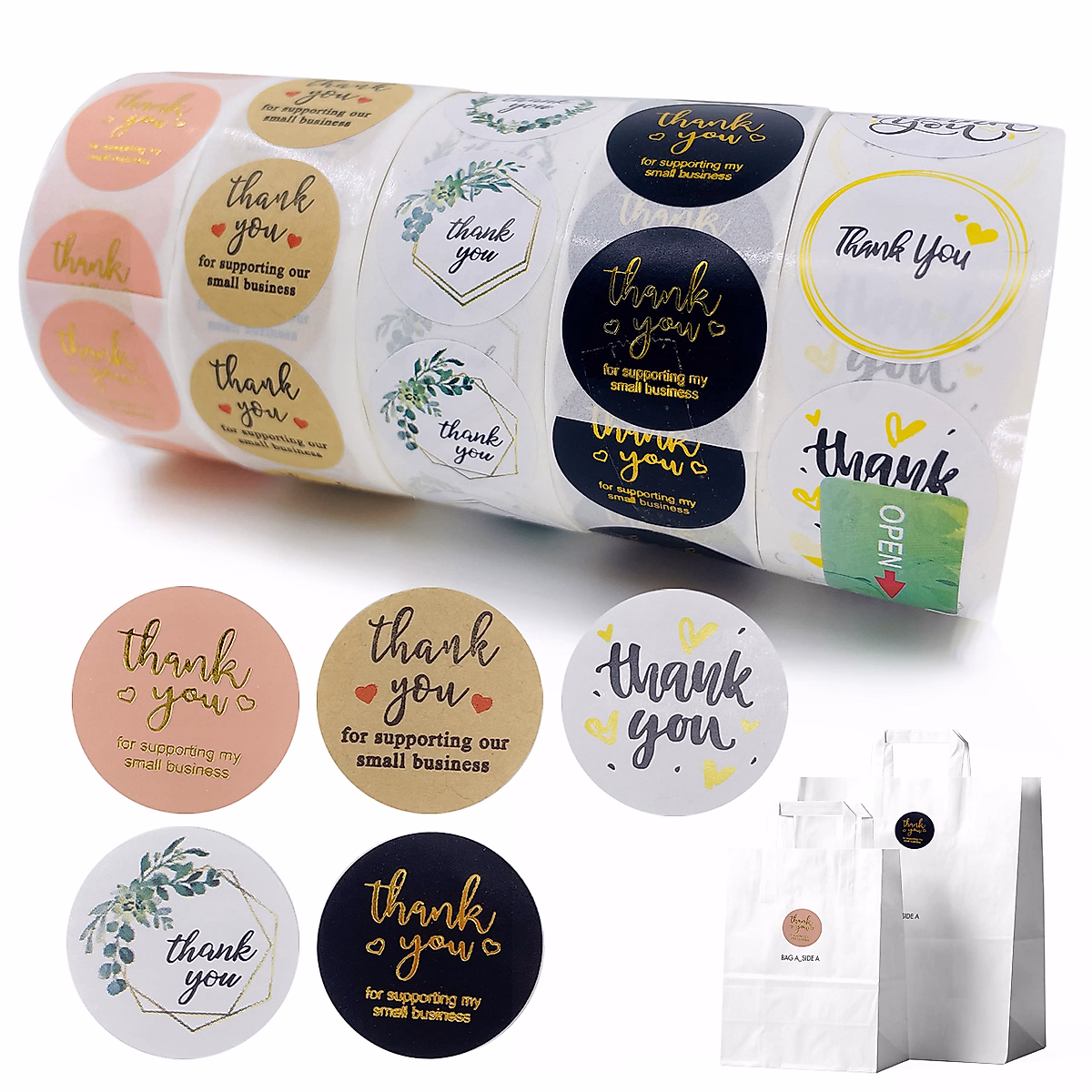 5 Rolls 2500 Pieces Thank You Stickers with 5 Design, Packaging for small business items, envelopes, gift wrap, crafts and bubble envelopes and more(1” Round Label)