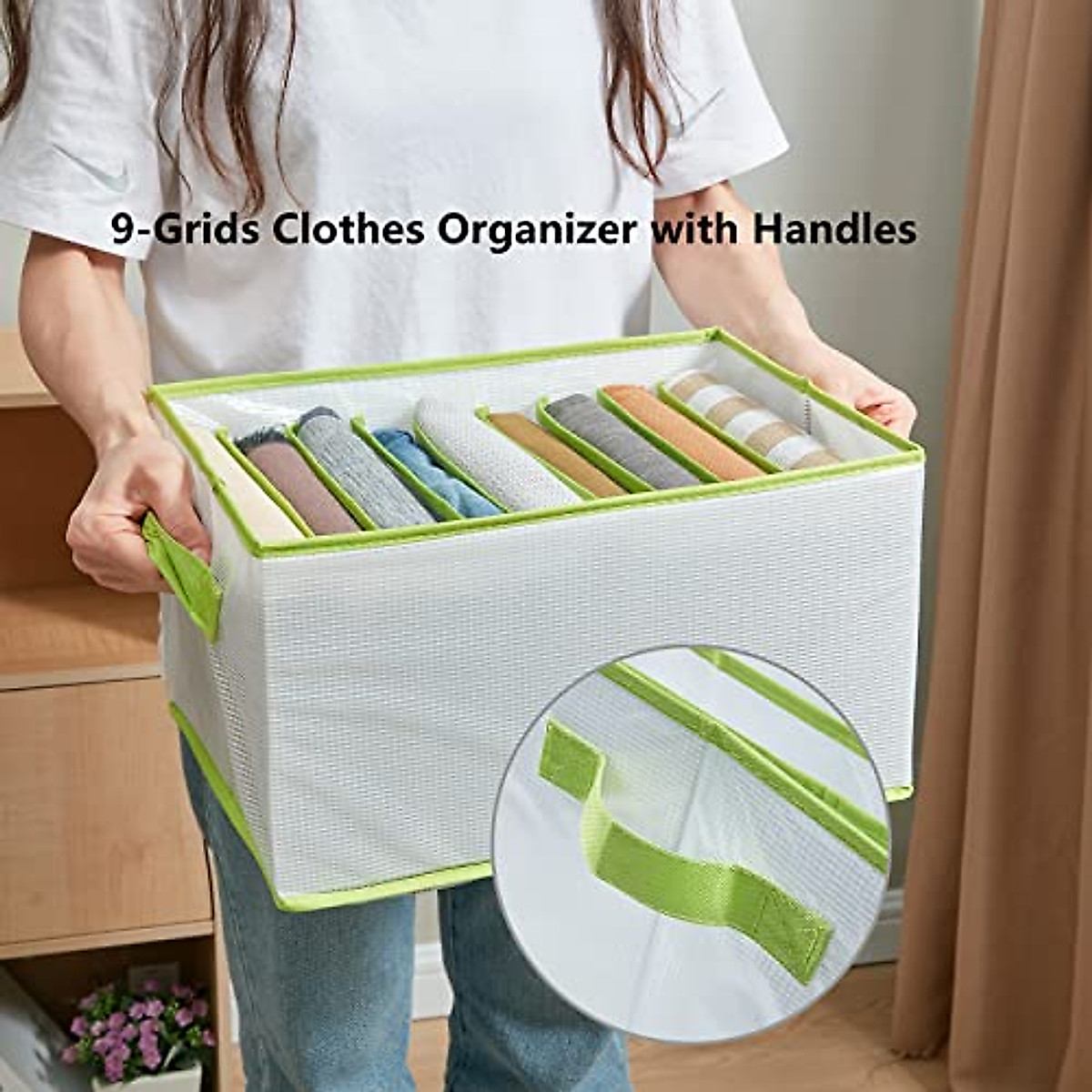 Wardrobe Clothes Organizer for Folded Clothes Jeans with 9 Small Grids (1.57'' W), 2 Pack Garderobe Clothing Organizer with Support Panels, Stackable Closet Storage Organizer Foldable with Handles