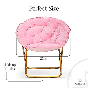Rëlaxia Saucer Chair with Footrest | 31.5x31.5x31.5’’ | Fluffy Faux Fur Moon Chair with Steel Legs | Foldable Comfy Chair for Bedroom | Stylish Saucer Chairs for Adults and Kids - Pink