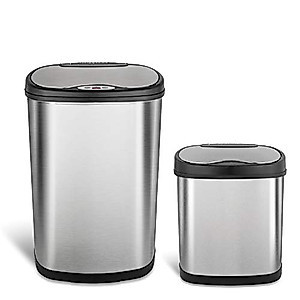 NINESTARS CB-DZT-50-13/12-13 Automatic Touchless Infrared Motion Sensor Trash Can Combo Set, 13 Gal 50L & 3 Gal 12L, Stainless Steel Base (Oval, Silver/Black Lid)