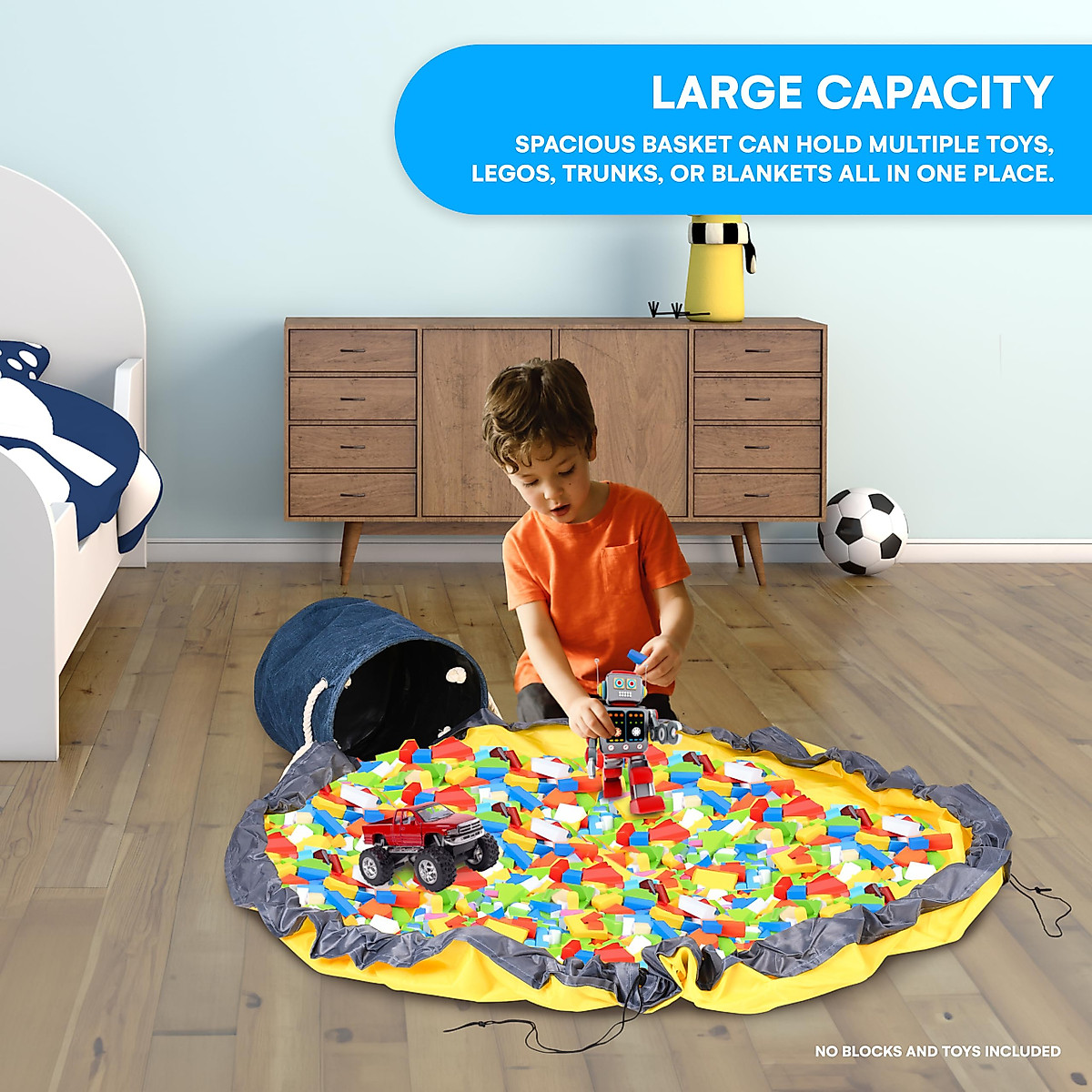 JTJ Sourcing Toy Storage Basket and Play mat - Lego Storage Bag with Drawstring Closure for Fast Cleanup of Building Bricks Small Toys - Swoop Bag - Durable Nylon - Blue