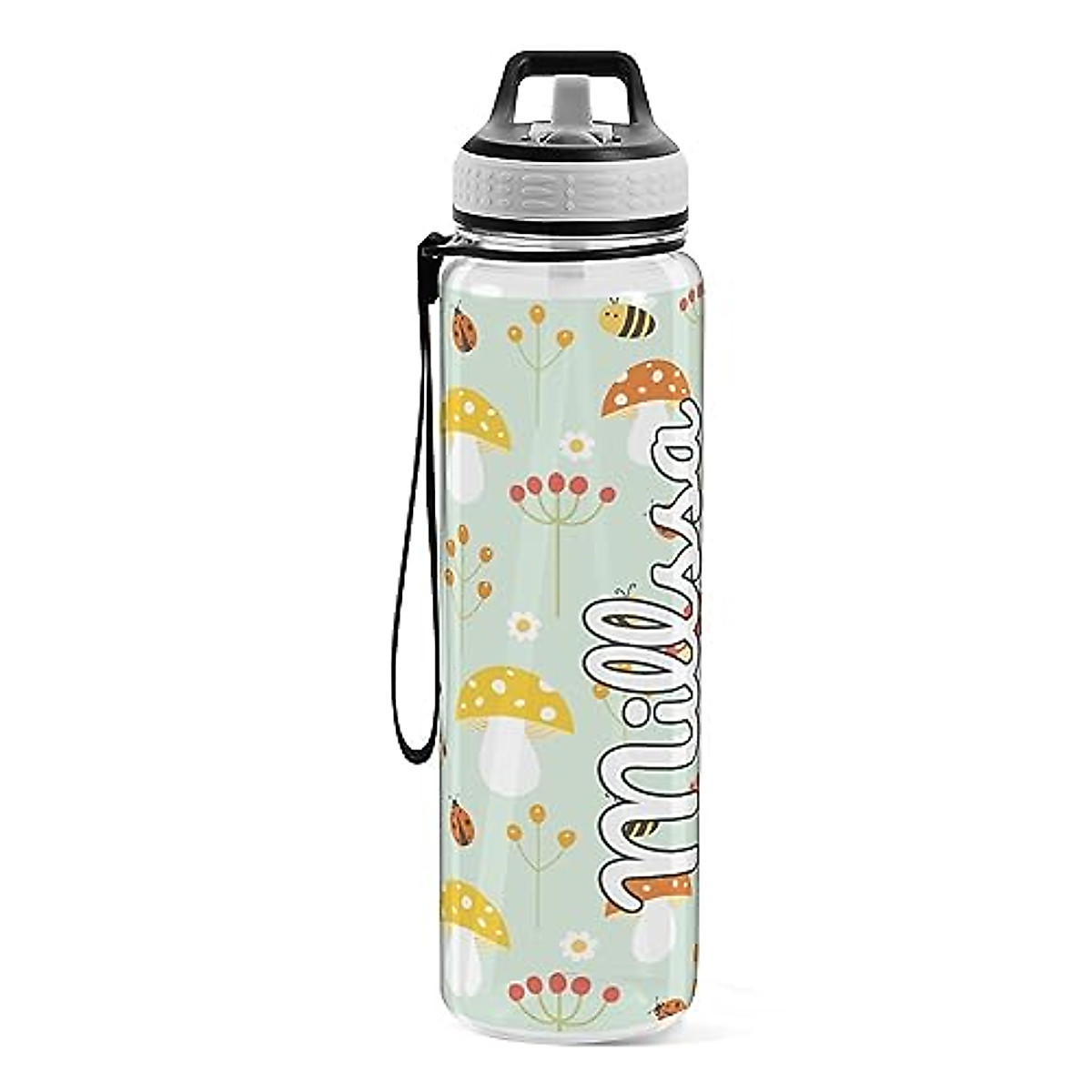 Wusikd Mushroom Custom Water Bottle Tritan BPA-Free Drink and Straw Leakproof Motivational Bee Ladybug Drinking Water Bottles with Carrying Strap for Office, Gym, Outdoor Sports