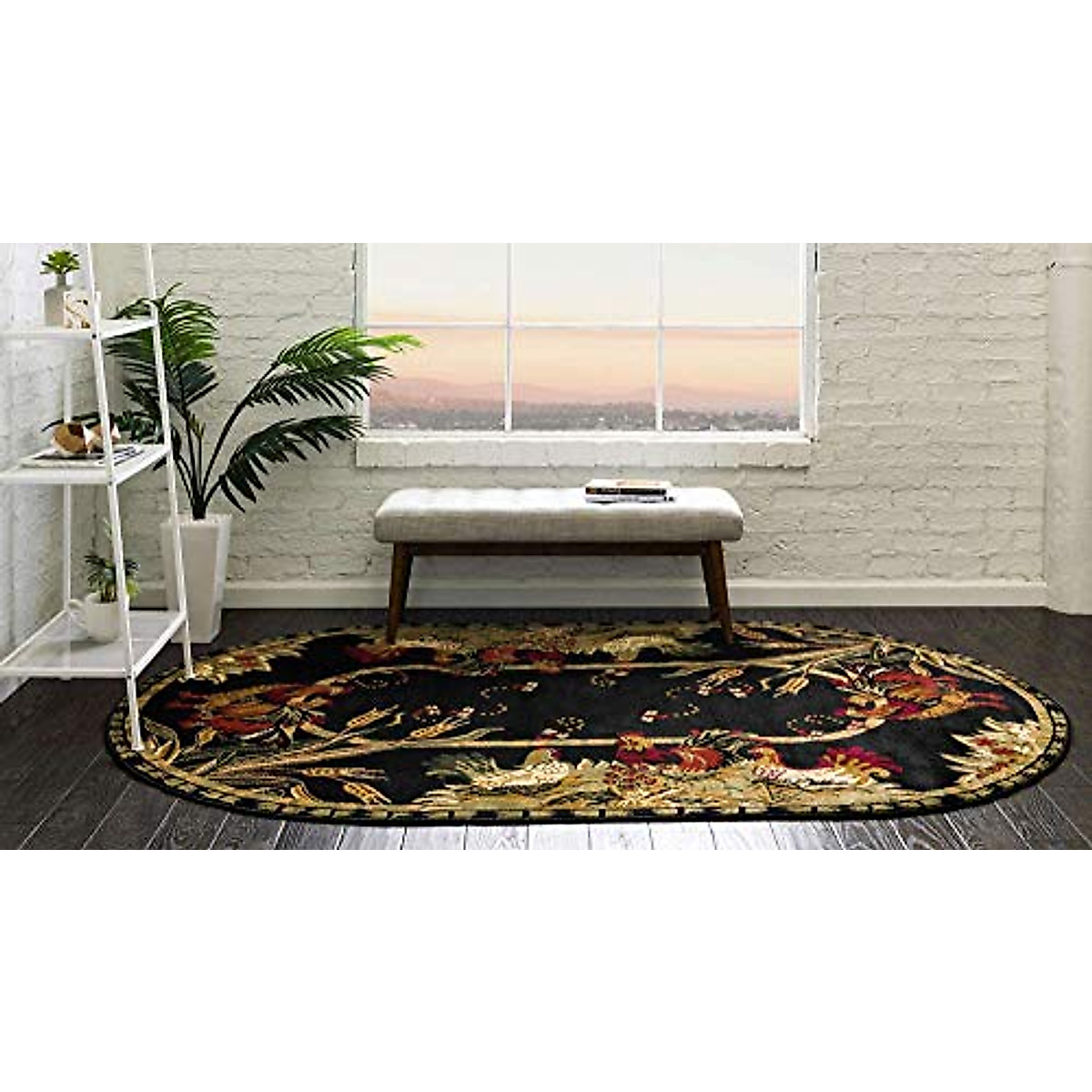 Unique Loom Barnyard Collection French Country Inspired Cottage Rooster Design Area Rug (5' 0 x 8' 0 Oval, Black/Ivory)